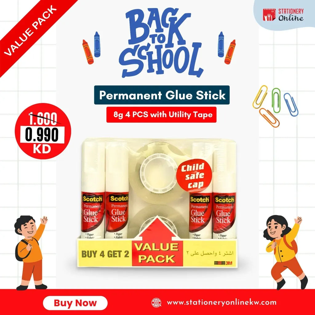 3M Scotch Permanent Glue Stick White 8g 4 PCS with Utility Tape Clear – Star Light Kuwait