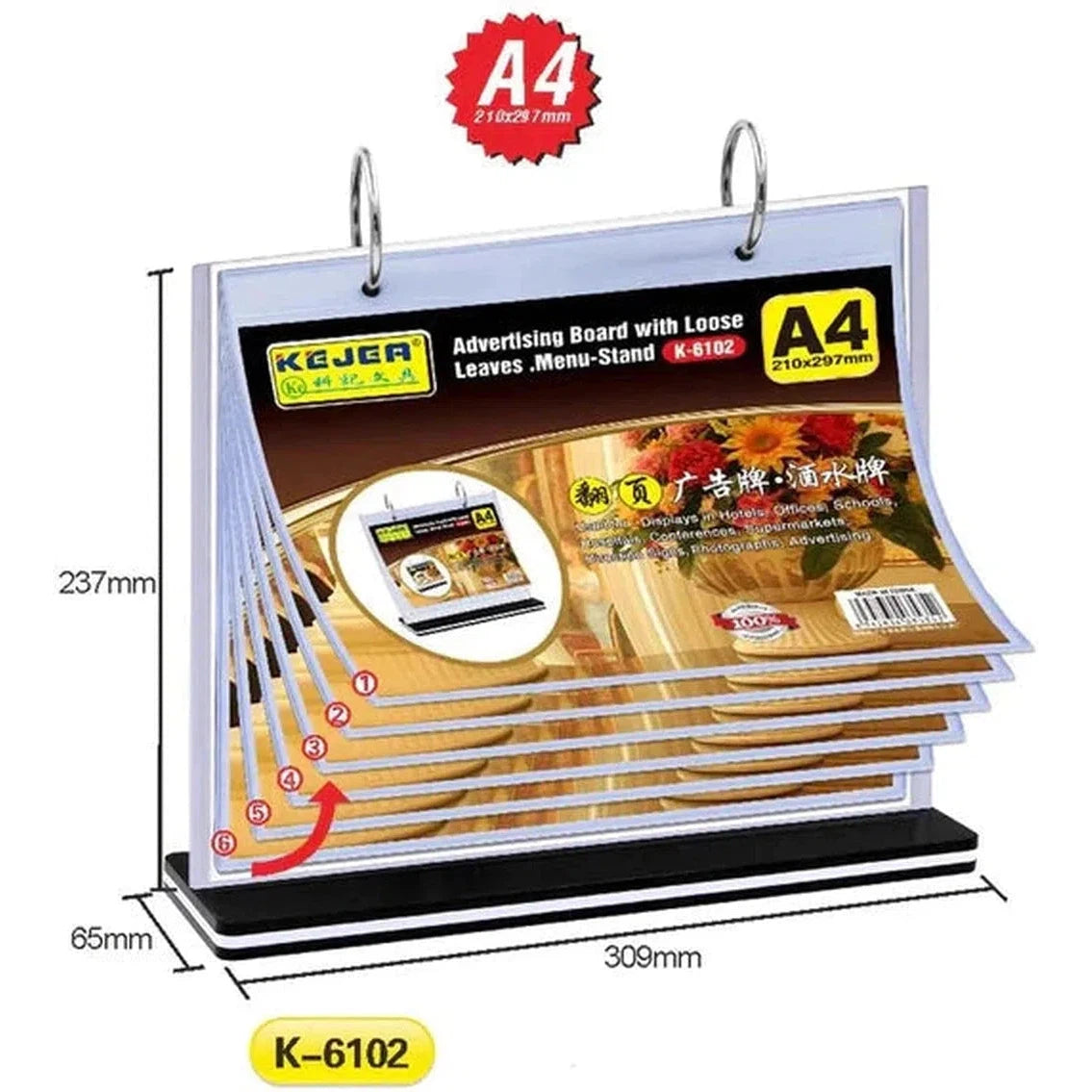 Kejea K-6102 Advertising Board With Loose Leaves/Menu Stand (A4H) - 6 Pages-Display Stands-Kejea ...
