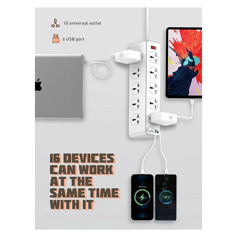 Ldnio 10 Outlet Power Socket - 10 Way / USB-C / 2 Meters / White - 2 P ...