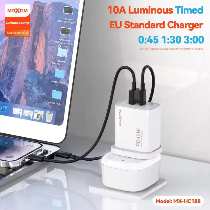 MOXOM Universal Travel Multi Port USB Wall Charger 10A EU Timing lumin ...
