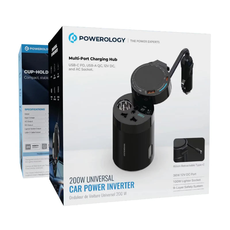 Powerology Universal Car Power Inverter - 200W / USB-C / USB-A / Black ...
