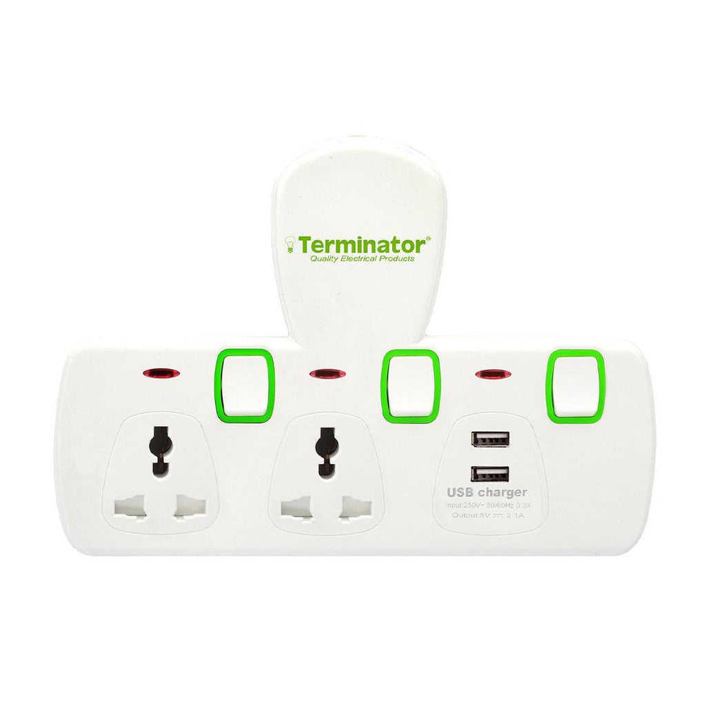 Terminator 2 Way Universal T-Socket USB – Star Light Kuwait