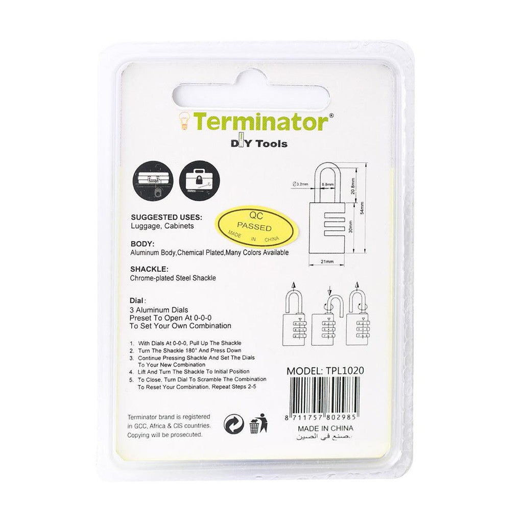 Terminator Combination Pad Lock 20MM Blue – Star Light Kuwait